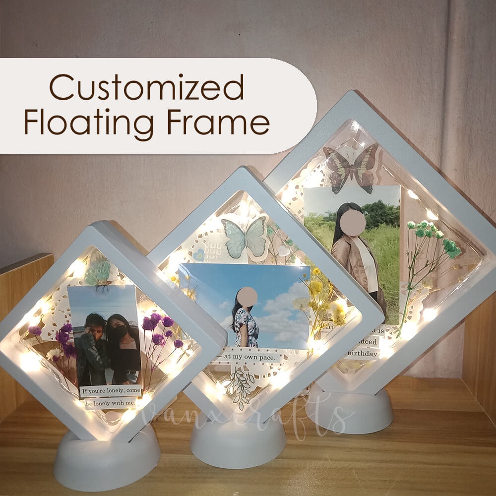 Customized Floating Frame with Fairy Lights, Stand and Dried Flowers ...