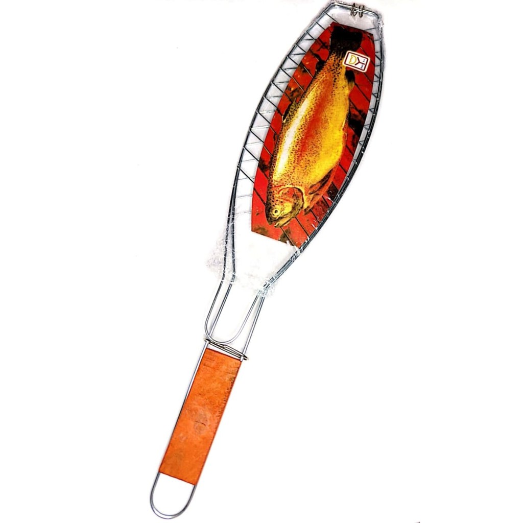 BBQ Grill Net Clip Fish Basket Holder Wooden Handle Rack Portable ...