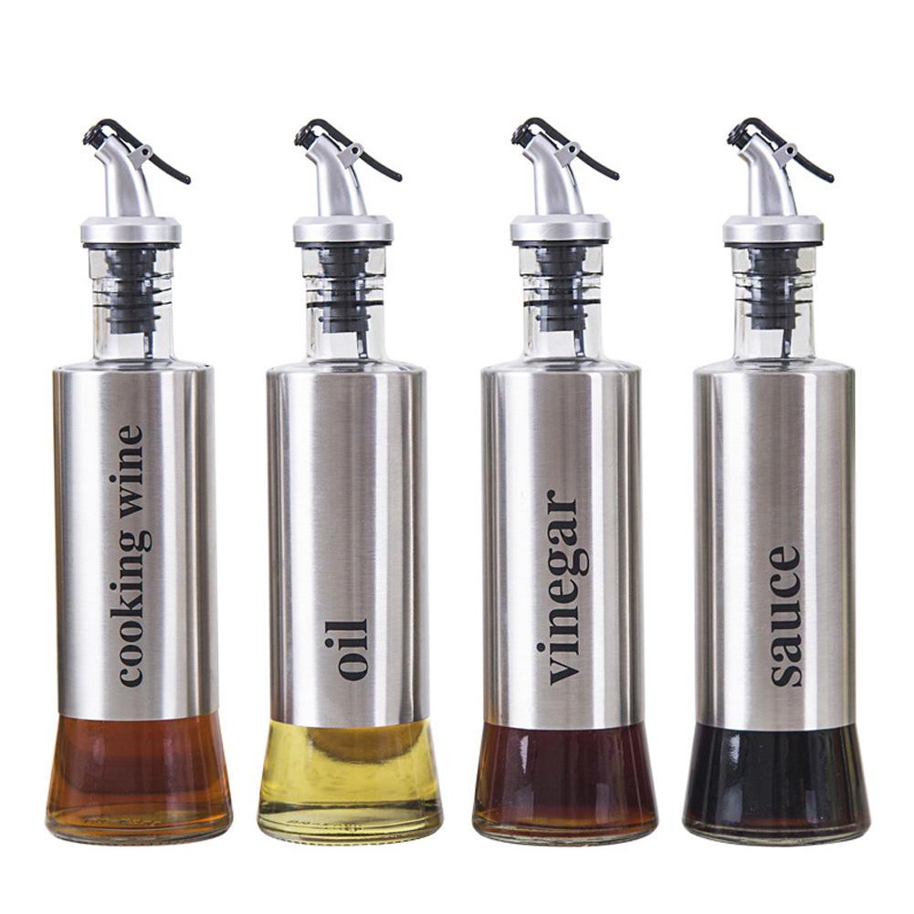 300ml Bottle Clear Glass Sauce Oil Dispenser Stainless Steel Jar Olive