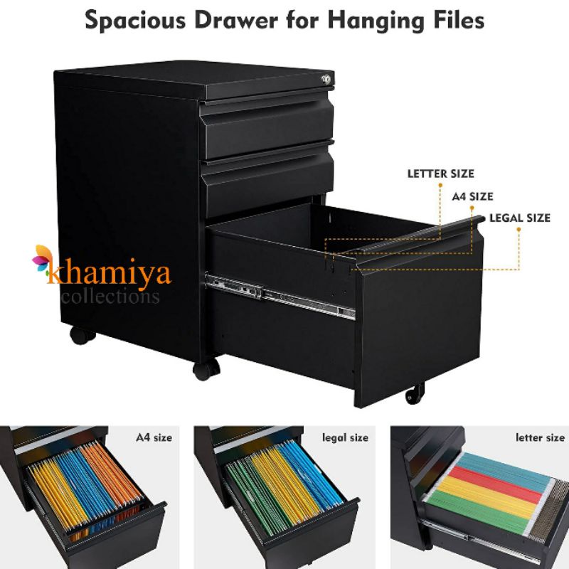 Black 3 Drawer File Cabinet, Mobile Pedestal Steel Cabinet, Office ...
