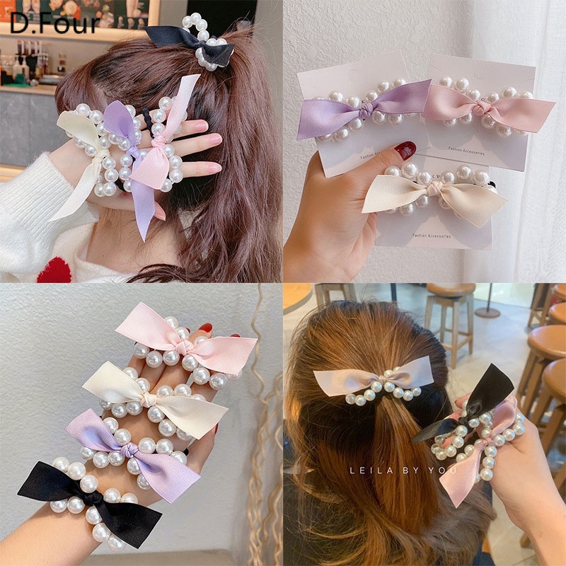 Korean Fashion Bow Hair Band Pearl Hair Band High Elastic Girl Ponytail ...