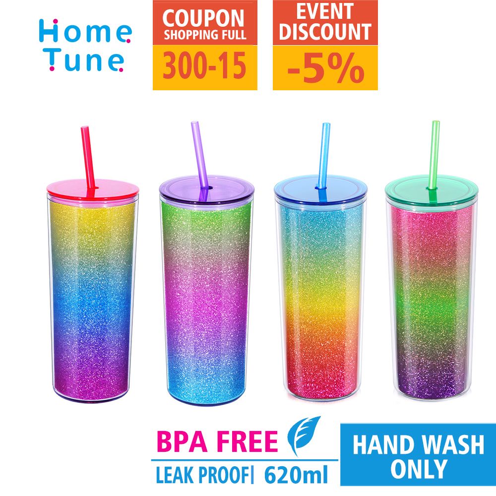 Rainbow Tumbler with Straw, Sand Flow Glitter Double Wall Acrylic Cup ...