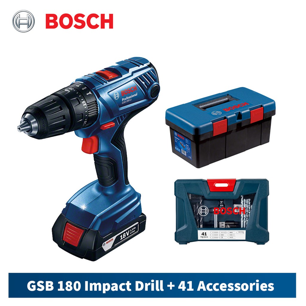 Bosch GSB 180-18V Cordless Impact Drill with 41pc. Accessories Set with ...
