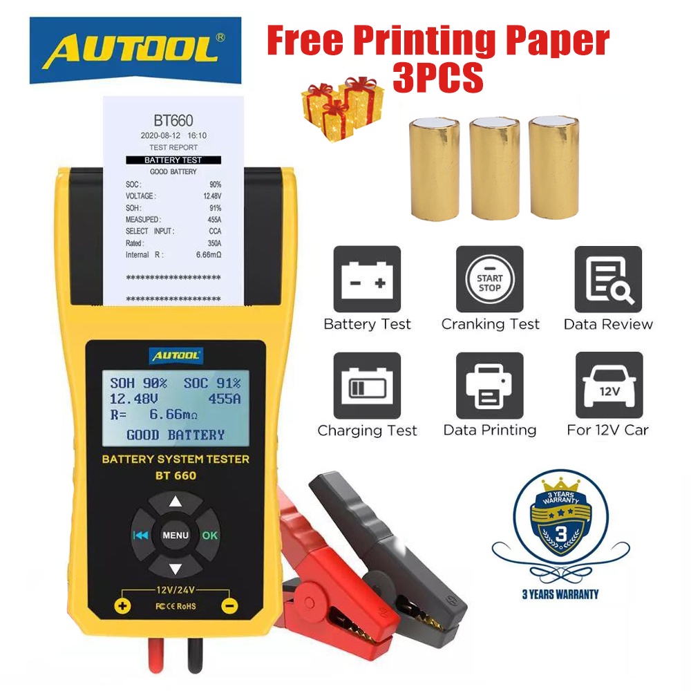 AUTOOL 12V/24V Car Battery Tester With Printer GEL EFB Load Tester ...