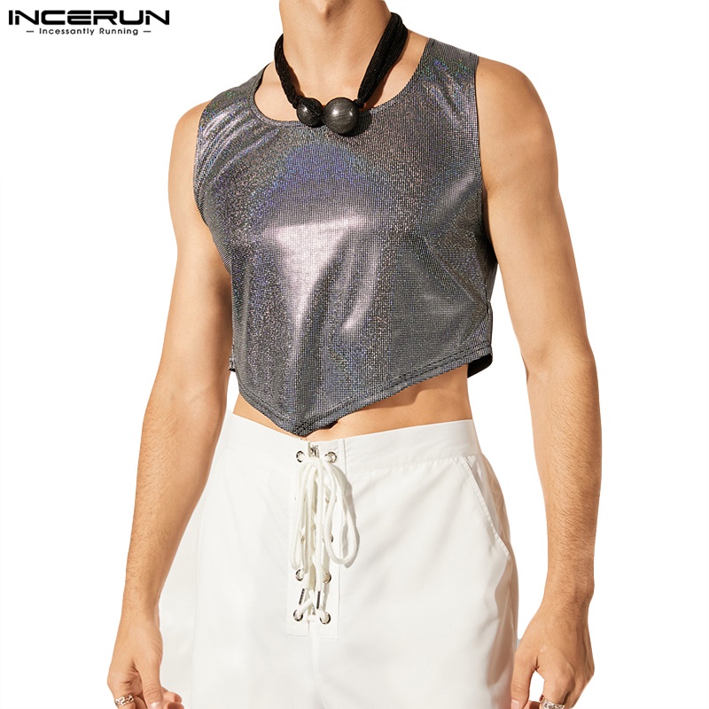 INCERUN Men Y2K Metal S-5XL Wet Look Lace Up Back Shinny Crop Tank Tops ...