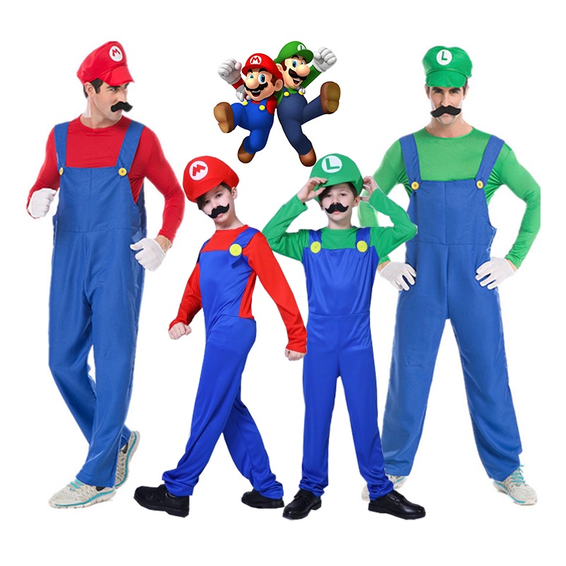 Kids Super Mario Bros Costume Kids Adult Parent-Child Clothing Cosplay ...