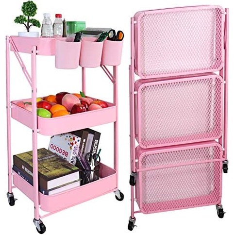 TPS_3 Tier Foldable Metal Trolley Storage Rack Organizer With Wheels ...
