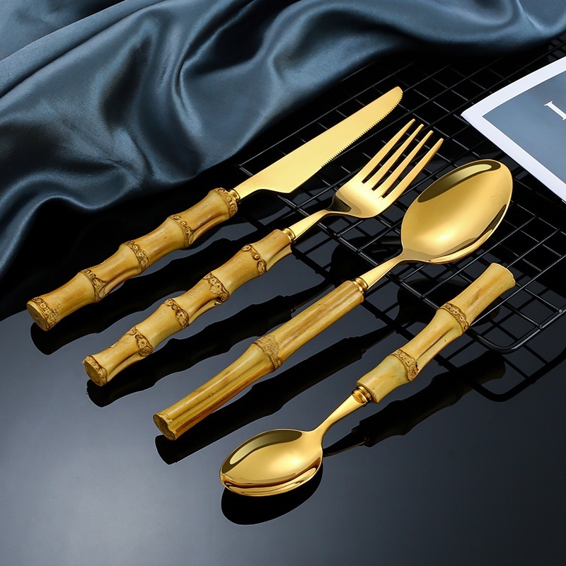 4pcs Set Natural Bamboo Cutlery Set Stainless Steel Spoon and Fork ...