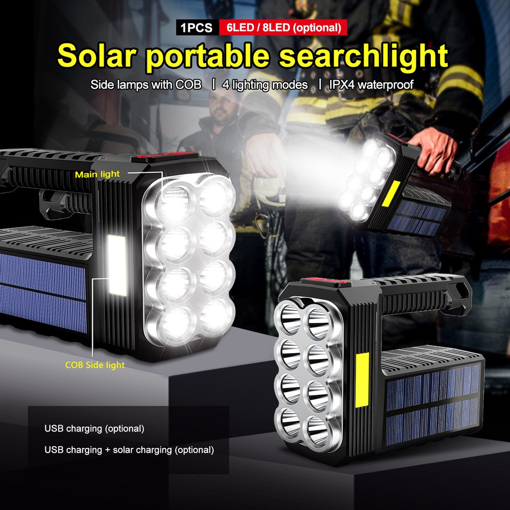 Solar Usb Rechargeable Flashlight 8 LED Powerful Searchlight 4 Speed ...