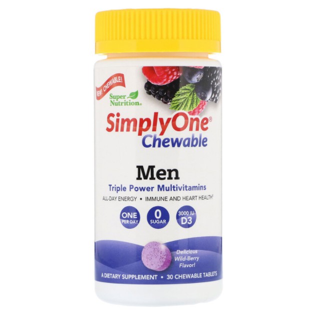 Super Nutrition, SimplyOne, Men, Triple Power Multivitamin, Wild-Berry Flavor, 30 Chewable ...