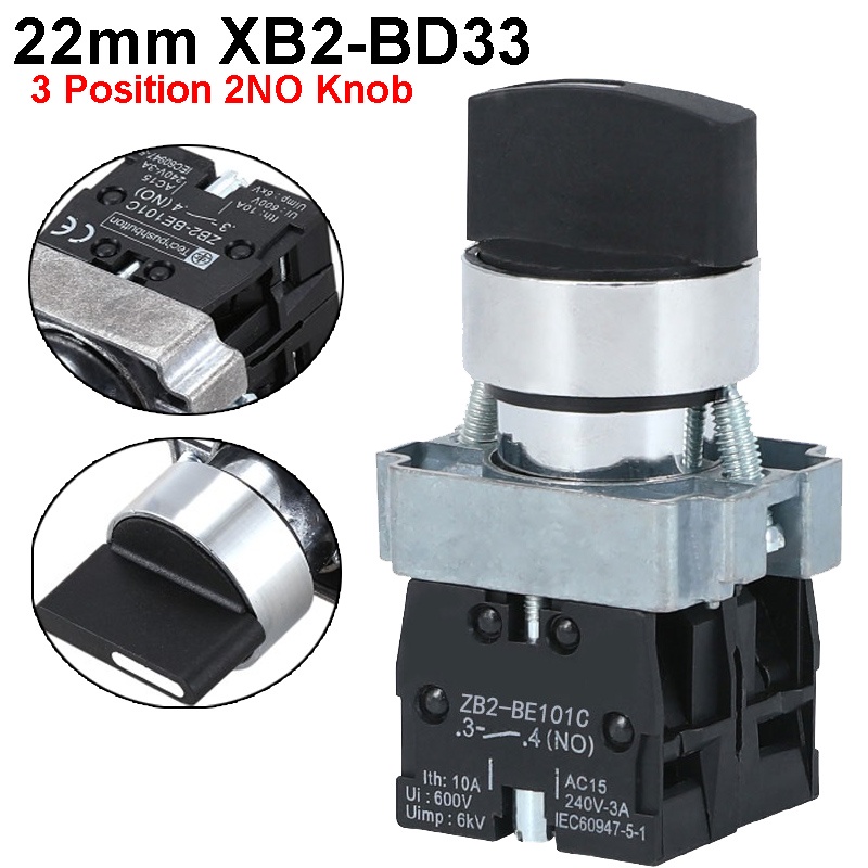 22mm XB2-BD33 3 Position 2NO Knob Switch 10A/415V Lock-in Selection Switch ZB2-BE101C Two Roads ...