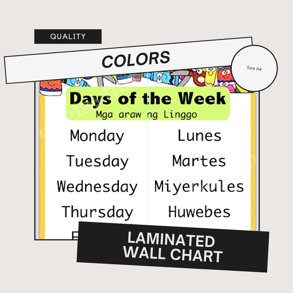 Days Of The Week Chart English Tagalog Laminated Educational Chart | My ...
