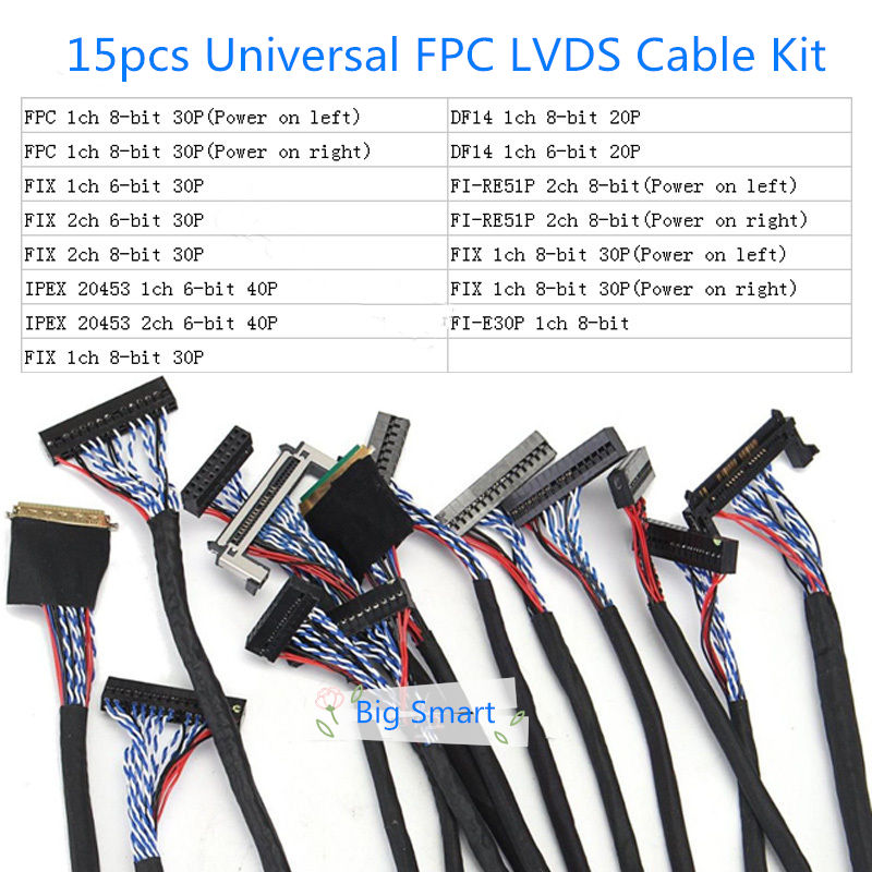 15pcs Universal FPC LVDS Cable Kit 1ch 2ch 6-bit 8-bit 20P 30P 40P 51P ...