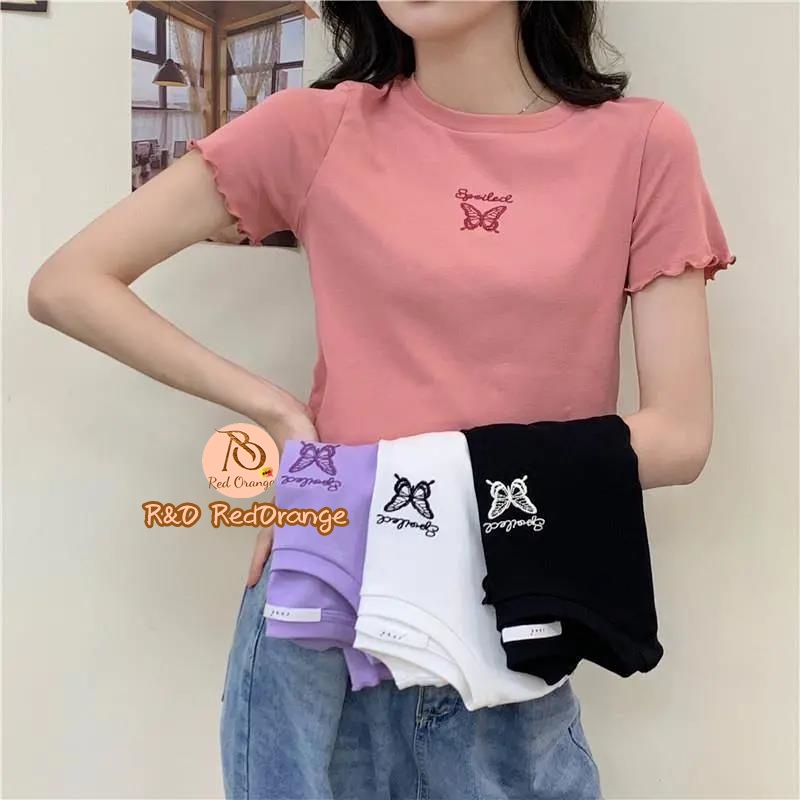 R&O #982 Korean Butterfly Embroidered crop tops short sleeve tees ...
