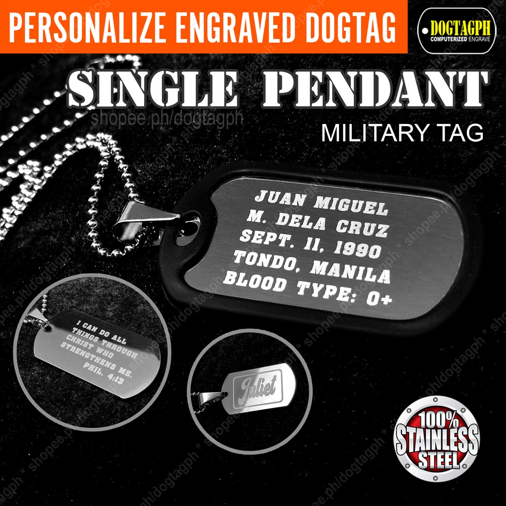 Dog Tag Single ( Personalized Necklace , Military Tag, Medical Alert ...