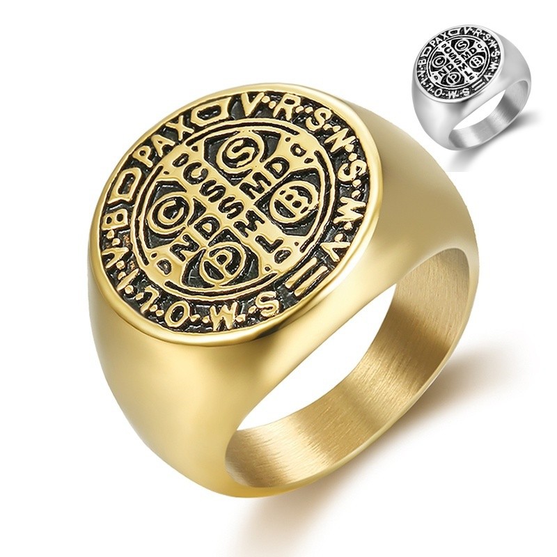 Mens Retro Catholic St Saint Benedict Ring Gold Stainless Steel ...