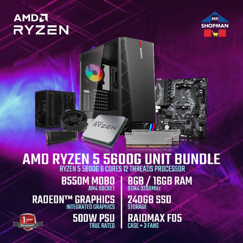 AMD Build Ryzen 5 5600G w/ B550M Motherboard Desktop Computer PC System ...