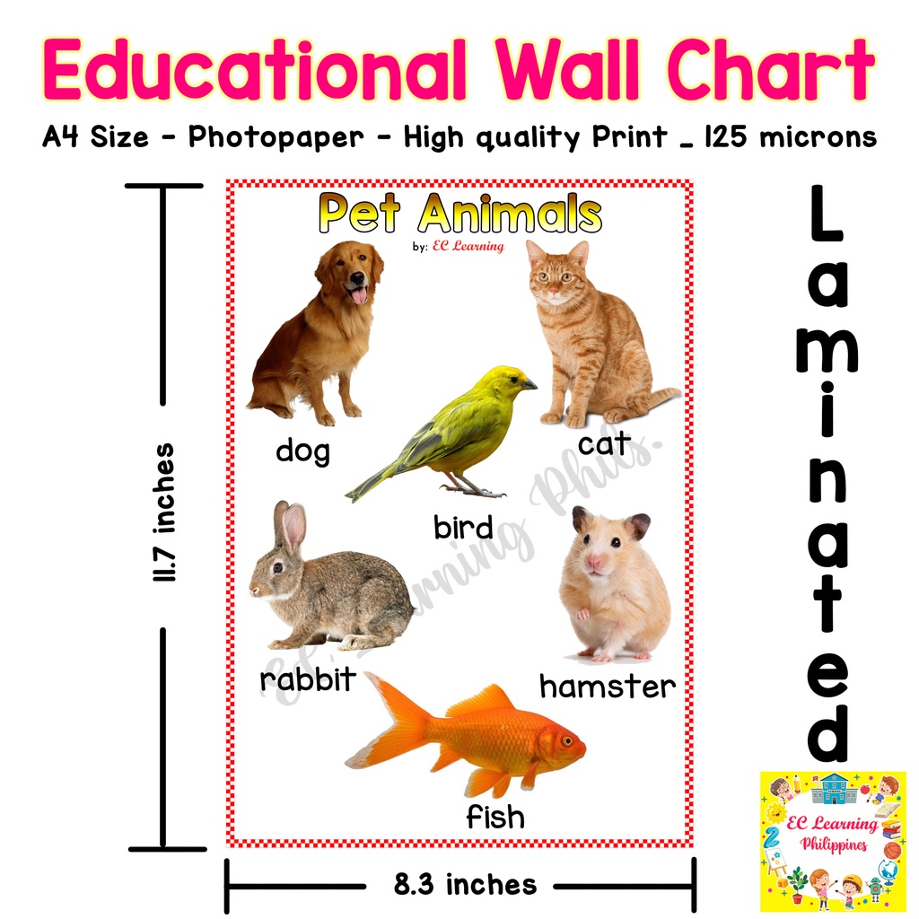 A4 PET ANIMALS Laminated Educational Chart for kids WALL CHART | Shopee ...