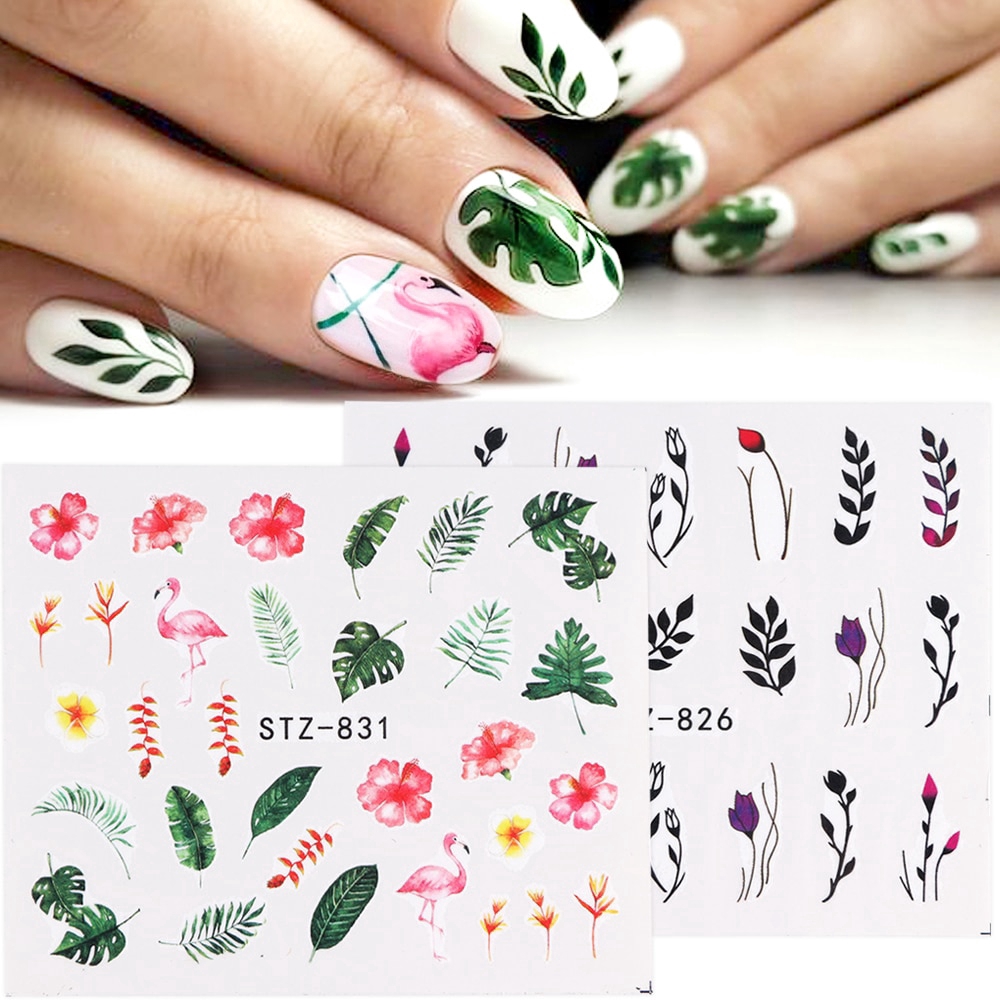 New Nail Stickers Green Leaf Flamingo Flowers Feather Water Decal Nail ...