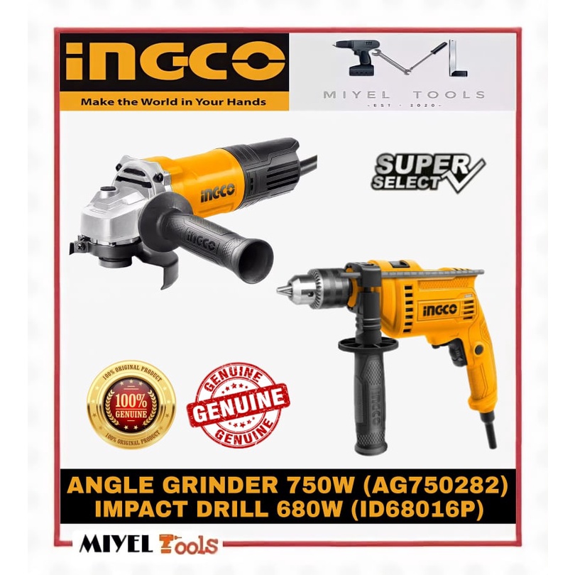 INGCO Power Tool Sets (Angle Grinder 750w AG750282 + Impact Drill 680w ...