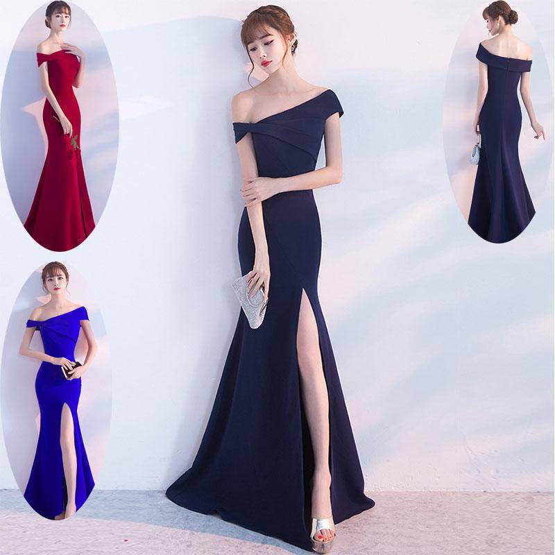 Solid Color Off Shoulder Bridal Toast Dress Style Fashion Sexy Fishtail ...