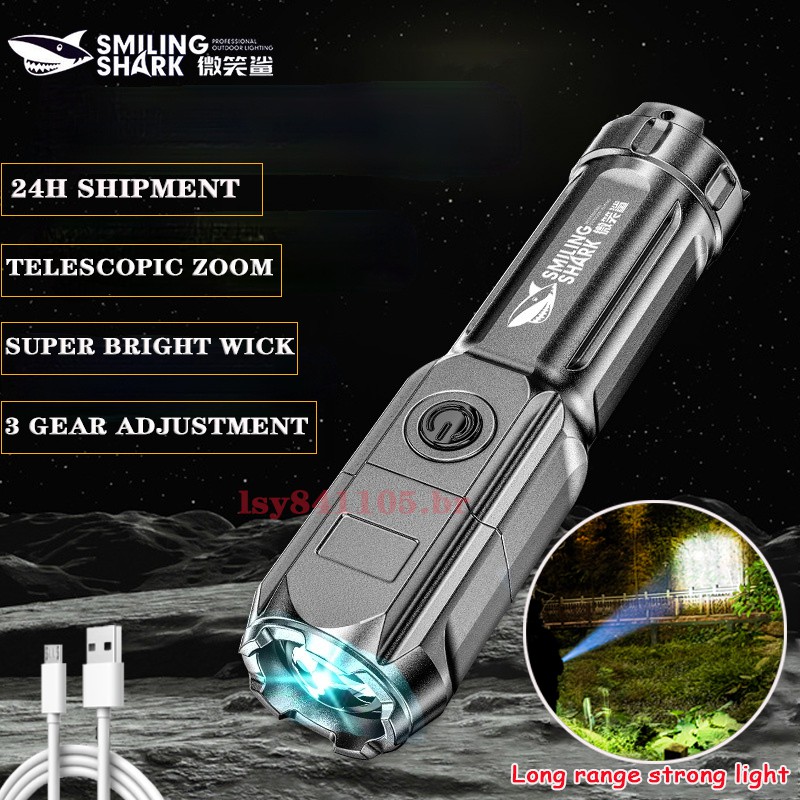 Smile Shark LED Bright Flashlight Zoomable USB Rechageable Flashlight ...
