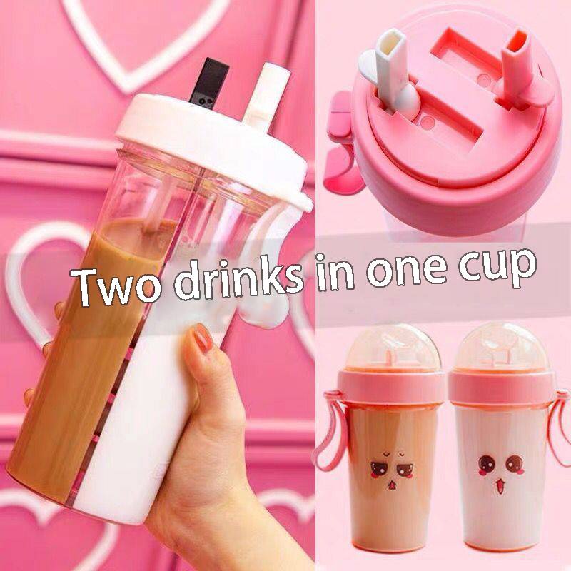 420ml/600ml Portable Two Straws Outdoor Travel Water Bottle -proof Dual-use Sport Drink Bottle ...