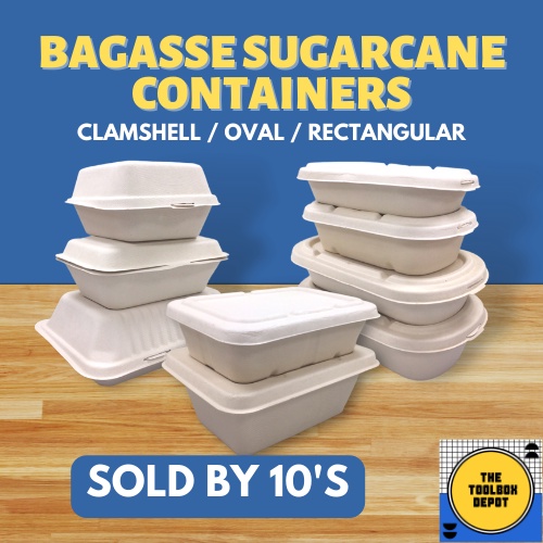 Bagasse Sugarcane Containers ( Clamshell / Oval Tub / Rectangular Food tray ) Sold By 10's ...