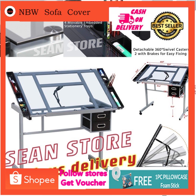 Drafting glass table drafting table with extra side table drawers and 2 ...
