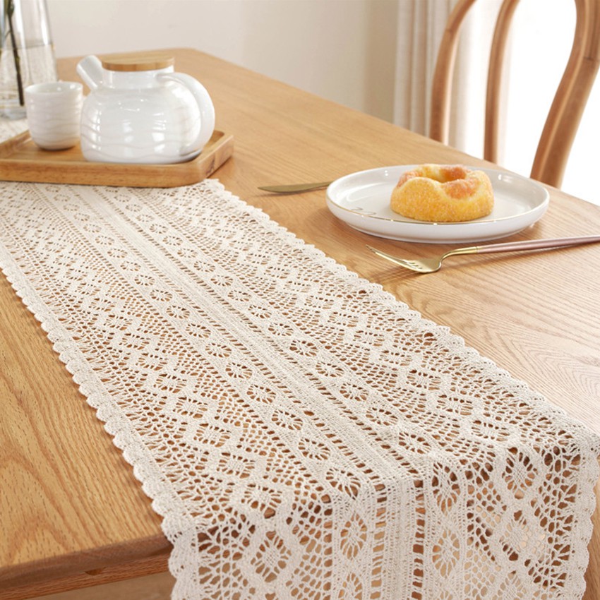 White Table Runner Macrame Crochet Lace Table Runners with Tassel for ...