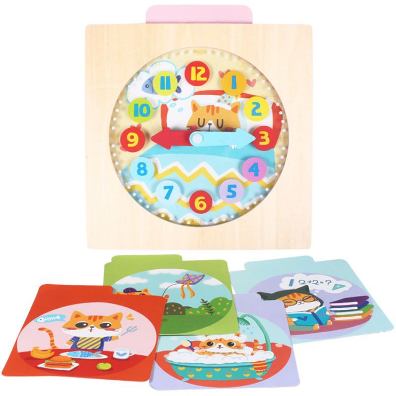 Montessori Toy Wooden Clock Learning Cognitive Show The Time of Daily ...