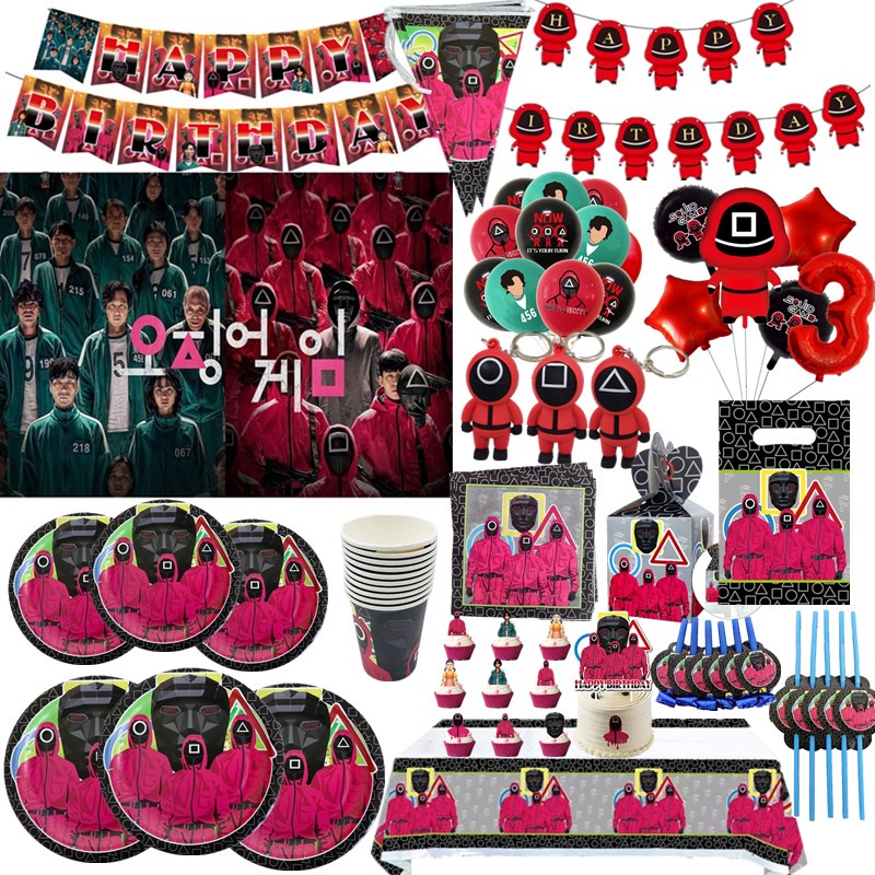 Squid Game Party Decoration Red Man Banner Tablecloth Paper Cup Paper ...