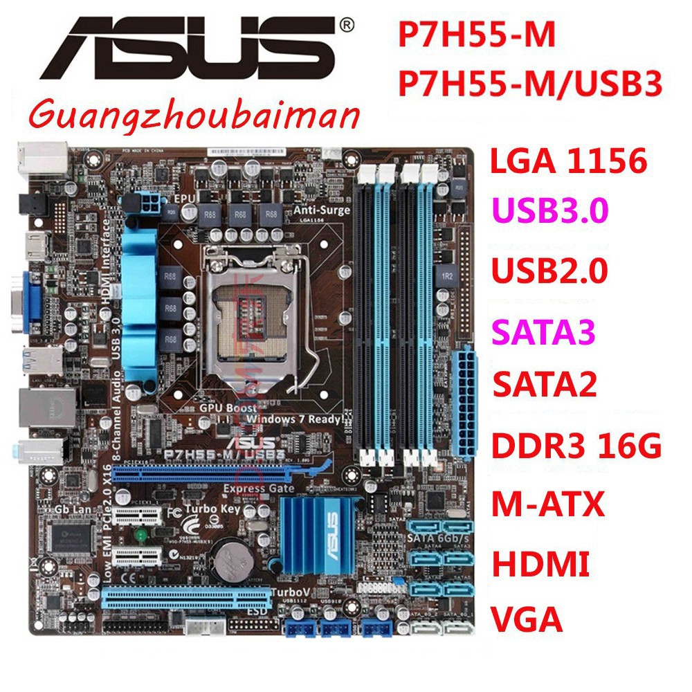 used ASUS P7H55-M/USB3 motherboard HDMI USB3.0 SATA3 DDR3 H55 P7H55-M ...