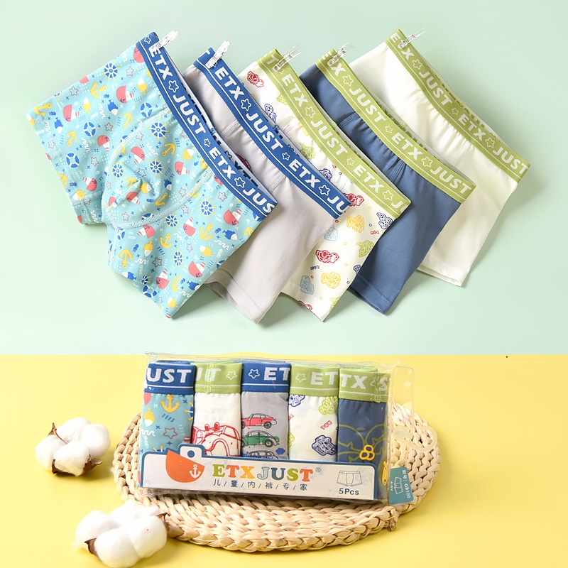 ETX JUST 5PCS Boys Underwear Cotton Student Boxer Briefs Cartoon Design ...