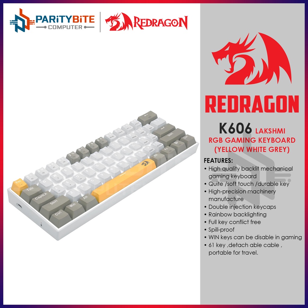 Redragon K606 Lakshmi (Yellow White Grey) Detachable Wired Mechanical ...