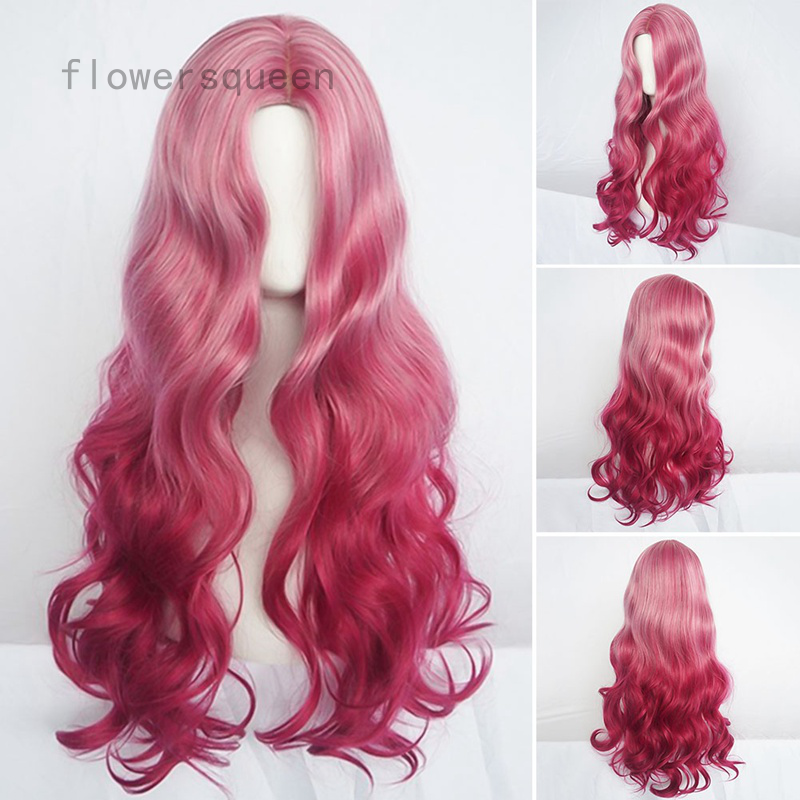 flowersqueen Women Fashion Pink Long Curly Natural Full Wavy Wig Ladies ...