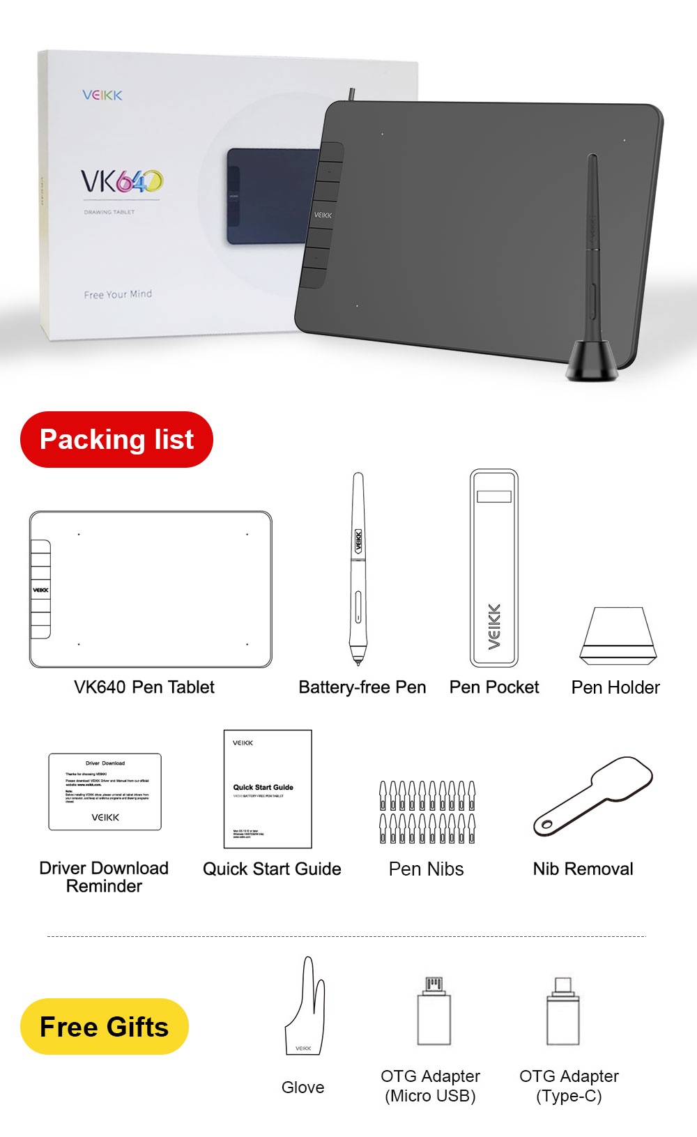 VEIKK VK640 Drawing Tablet Pen Tablet 6x4 Inch Support Android Phone ...