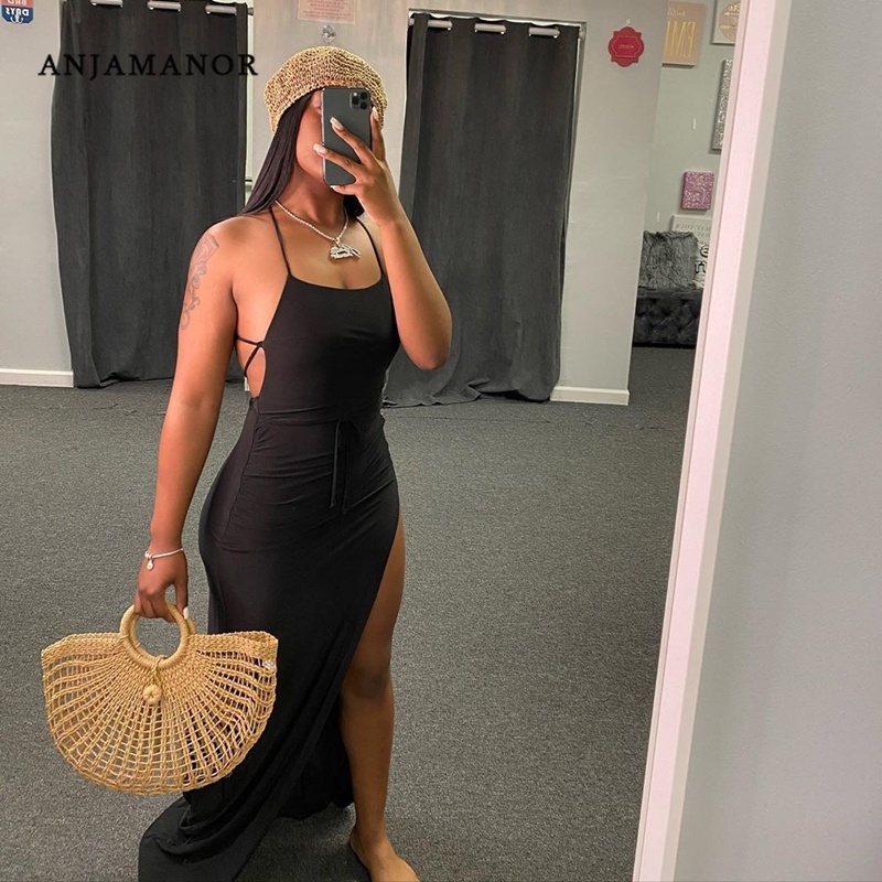 Anjamanor Black Assymetric Backless High Split Maxi Dresses Sexy Club