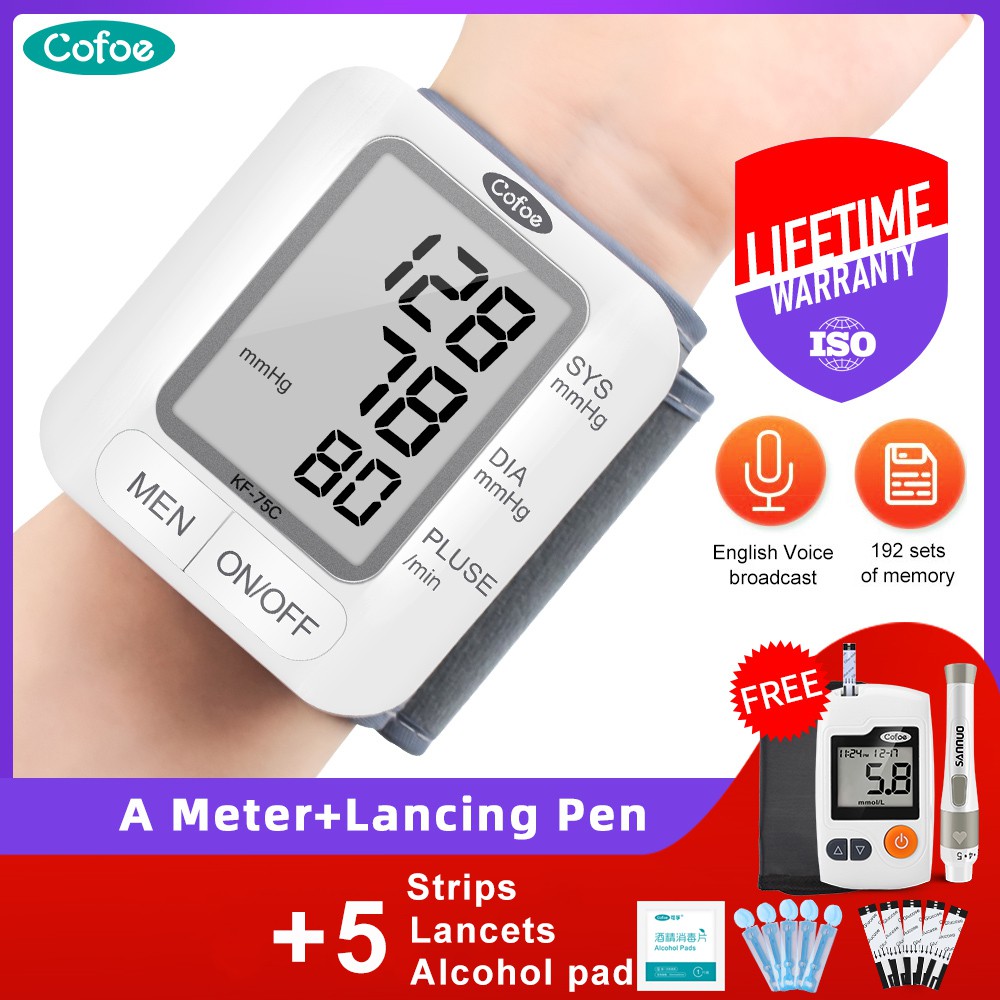 Cofoe Digital Wrist Blood Pressure Monitor English Voice Broadcast Meter Automatic BP ...
