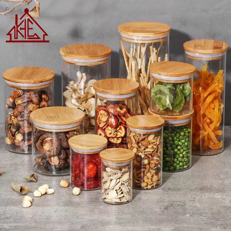 1-KHE Glass Jar Food Storage Container Wooden Cover Airtight Kitchen ...