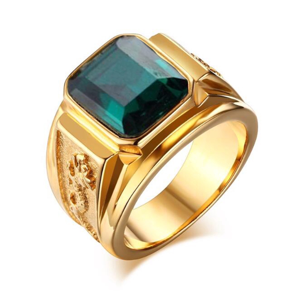 18K Gold Fashion Emerald Stainless Steel Men‘s Square Green Gemstone ...