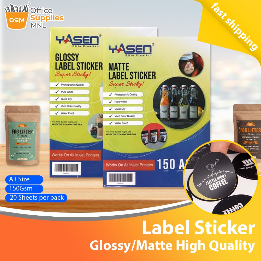 Label Sticker A3 Size Yasen 150GSM Glossy/Matte High Quality Sticker 20 ...