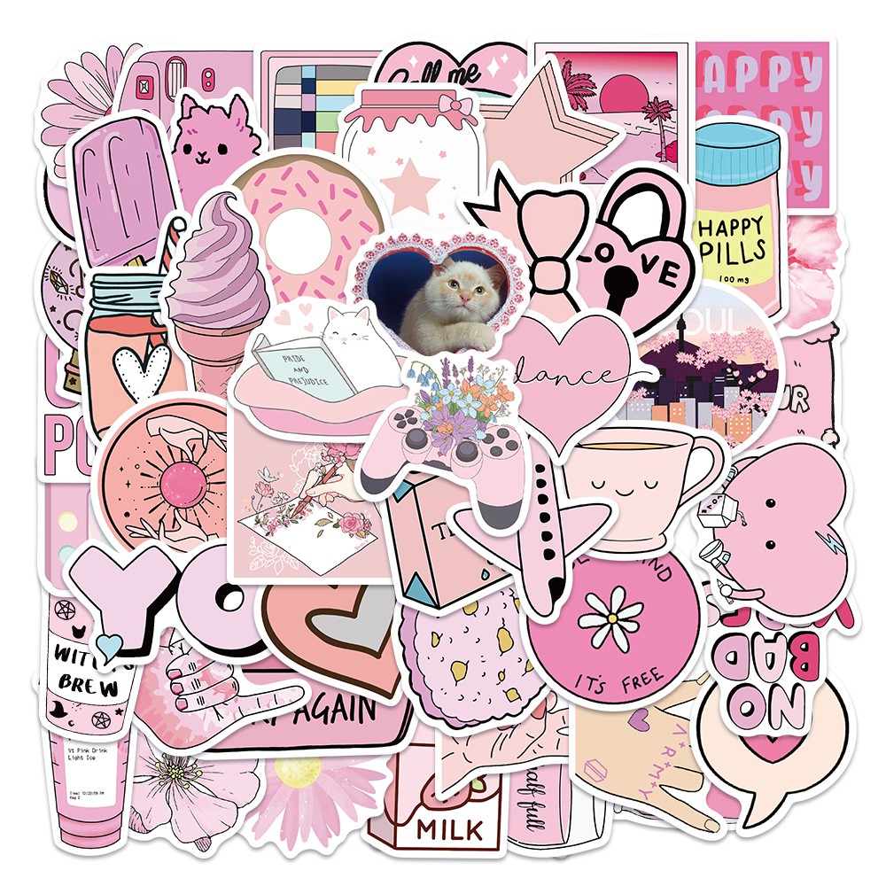 50Pcs Cartoo Pink Waterproof Sticker Skateboarding Snowboard Retro ...