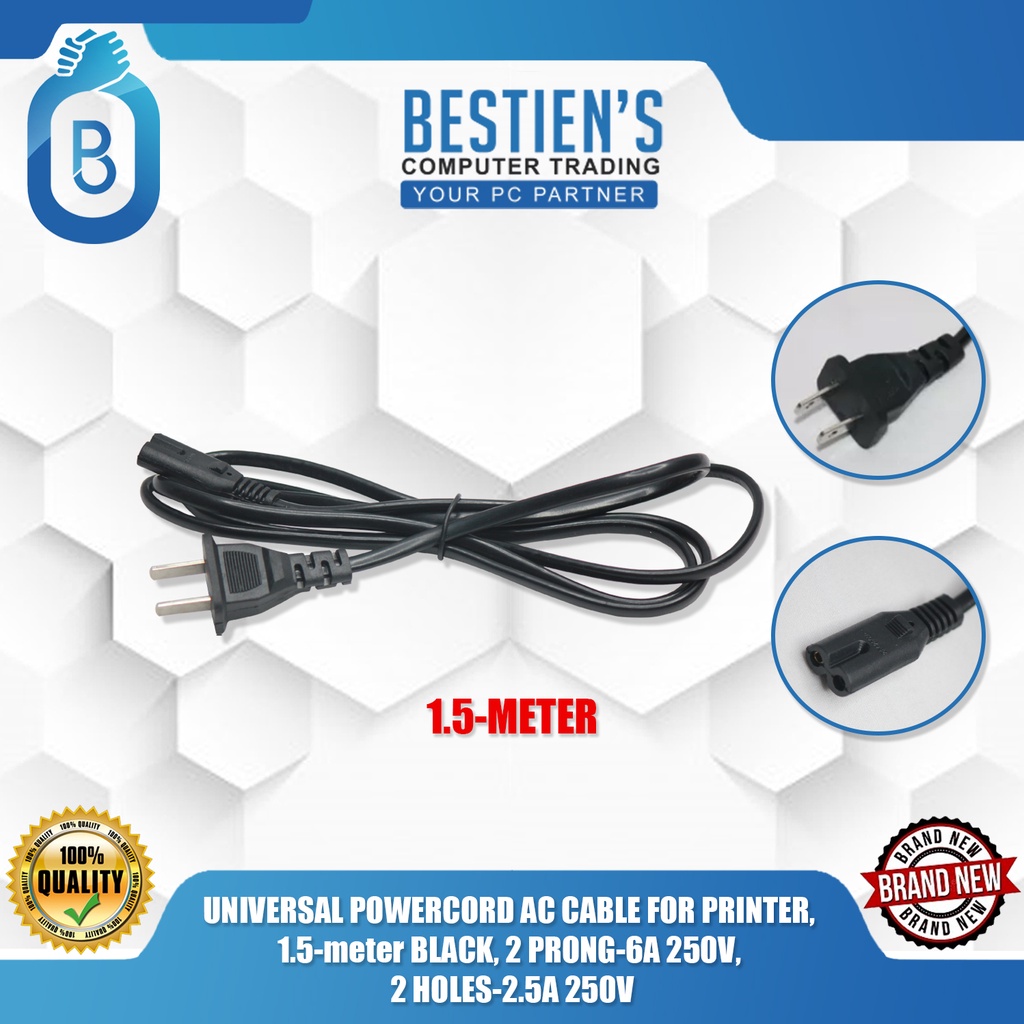 UNIVERSAL POWERCORD AC CABLE FOR PRINTER, 1.5-meter BLACK, 2 PRONG-6A ...