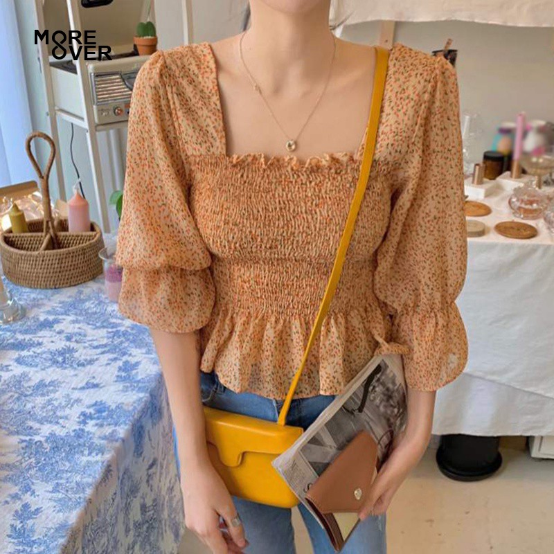 Korean Top Chiffon Style Croptop Square Neck Tops Blouse Floral Print ...