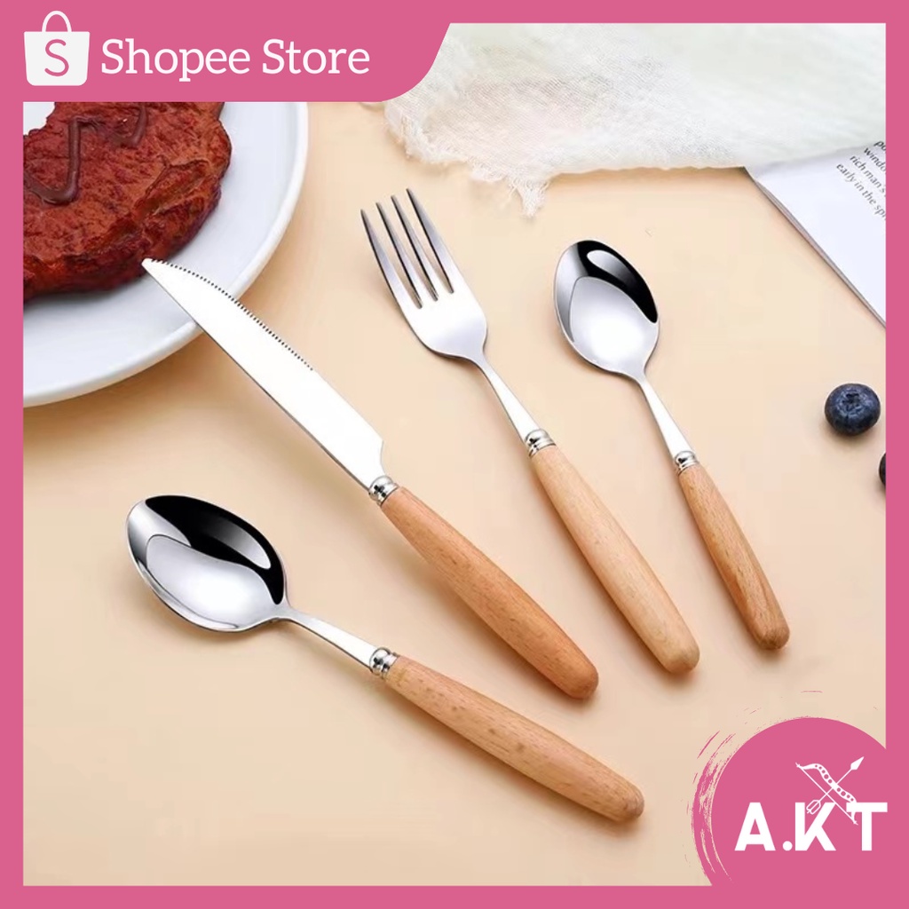 AKT Wooden Spoon and Fork Set Stainless / Cutlery Set / Wood Stainless ...