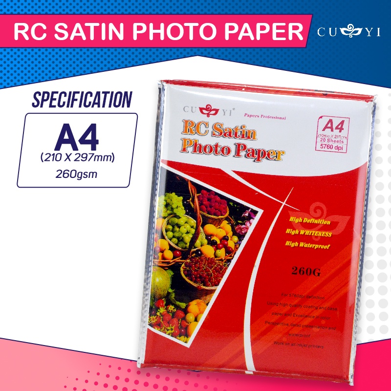 CUYI RC Satin Photo Paper 260gsm A4 | 5R | 4R | 3R Size Resin Coated ...