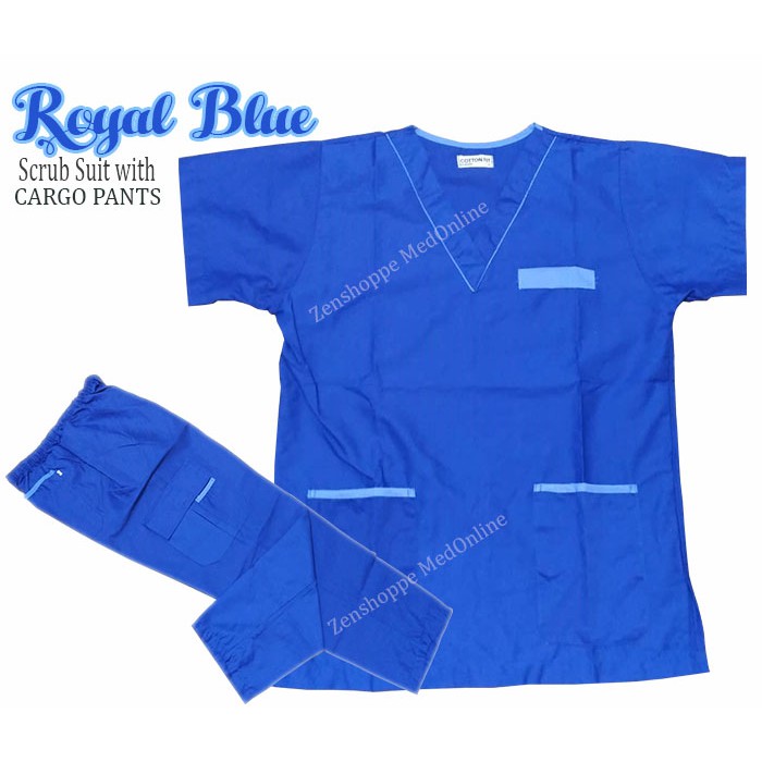 Scrub Suit Set with Piping & Cargo Pants (Royal Blue) [LCC] | Shopee ...