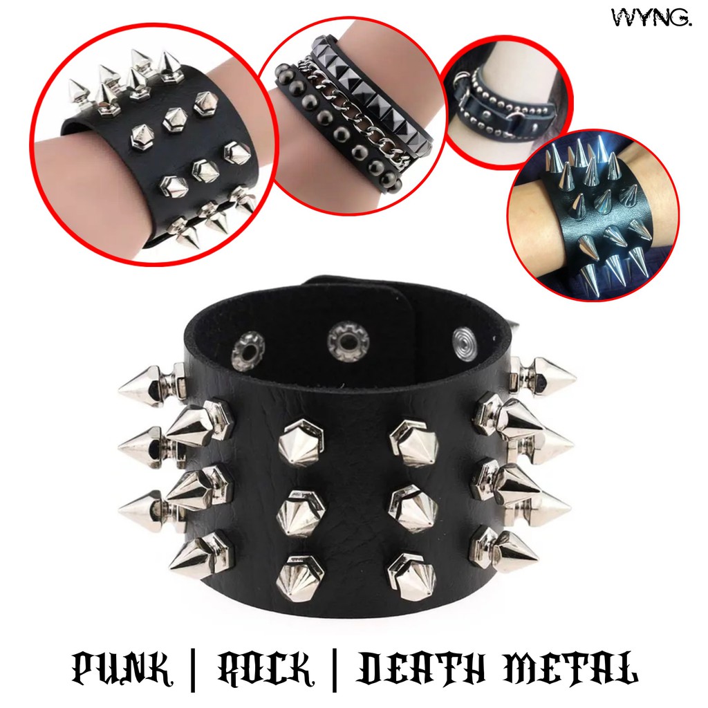 Bracelet Punk Rock Black Death Metal Rockers Leather Spikes Rivet Cone ...