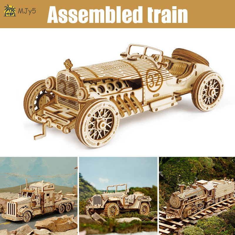 MJy5 3D Wooden Puzzle Train Model DIY Wooden Train Toy Mechanical train ...
